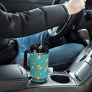 Selerdon 40 oz Tumbler Cartoon Space Blue with Handle and Straw Lid Vacuum Stainless Steel Insulated Water Bottle Travel Mug Car Cup Holder Friendly BPA Free for Gym Travel Office