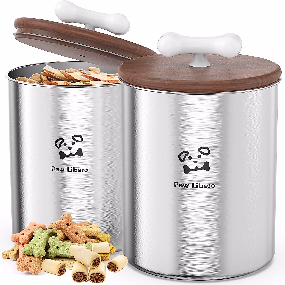 17 oz/6 cups+31 oz/10 cups 2PK Stainless Steel Dog Treat Container Airtight with Wooden Lid to Keep Fresh, Metal Dog Food Storage Container with Ceramic Bone Handle, Easy Clean Dog Treat Jar Bin