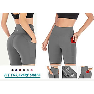 Ewedoos Biker Shorts Women Tummy Control Workout Shorts with 3 Pockets High Waisted Compression Gym Running Yoga Shorts Women Gray