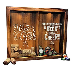 Wine Cork & Beer Cap Holder Shadow Box, Wall Mounted or Free Standing, Wine & Bar Decor for Him & Her, Rustic Stained Wood, 11" x 13"