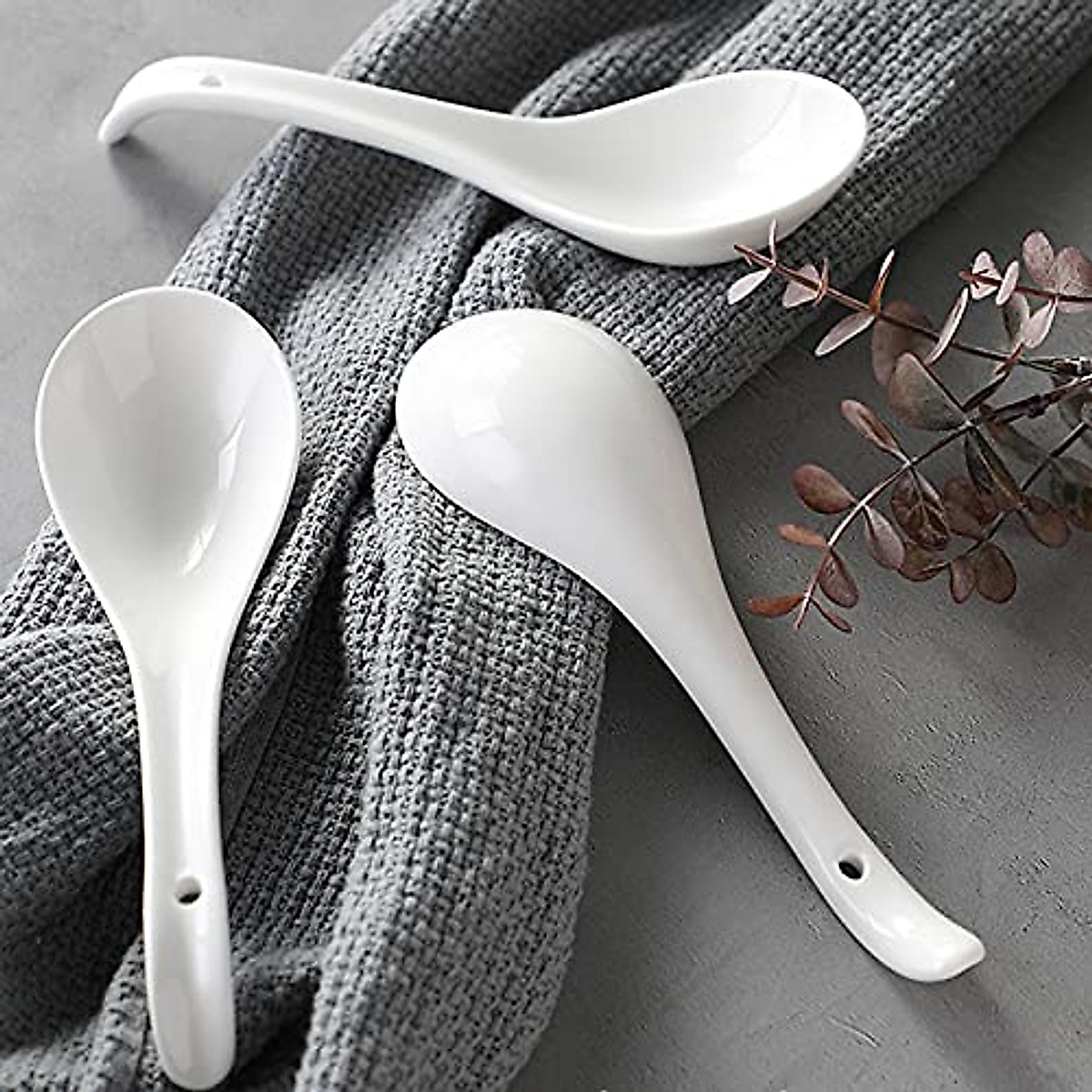 Bright White 6.75 inch Asian Soup Spoon Set of 4, Ultra-fine Porcelain Tablespoon, Chinese Soup Spoons/Japanese Kitchen Soup Spoons for Cereal, Small Spoons for Ramen Pho - Deep Oval Hook Design