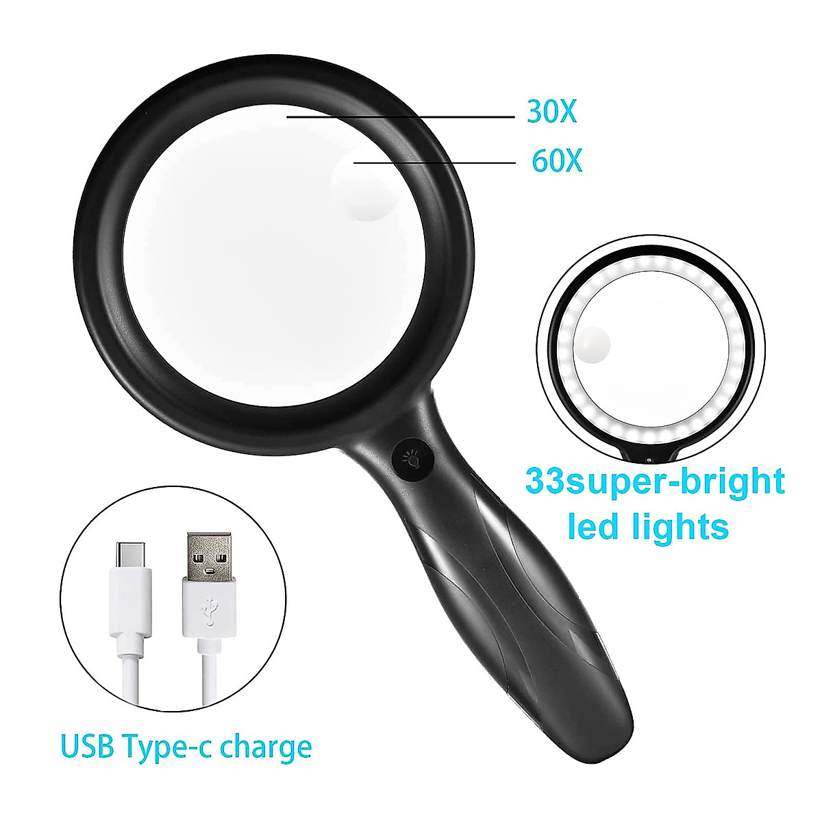 Magnifying Glass with Light, 30x 60x Magnifying Glass for Reading Lighted - 33 LEDs Magnifying Glass Magnifier Magnifier with Light