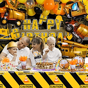 CUTEUP Construction Birthday Party Supplier - 259PCS Dump Truck Party Decorations Kits Set with Balloons, Tablecloth, Backdrop, Cake Toppers, Construction Theme Tableware Set for Kids - 16 Guest