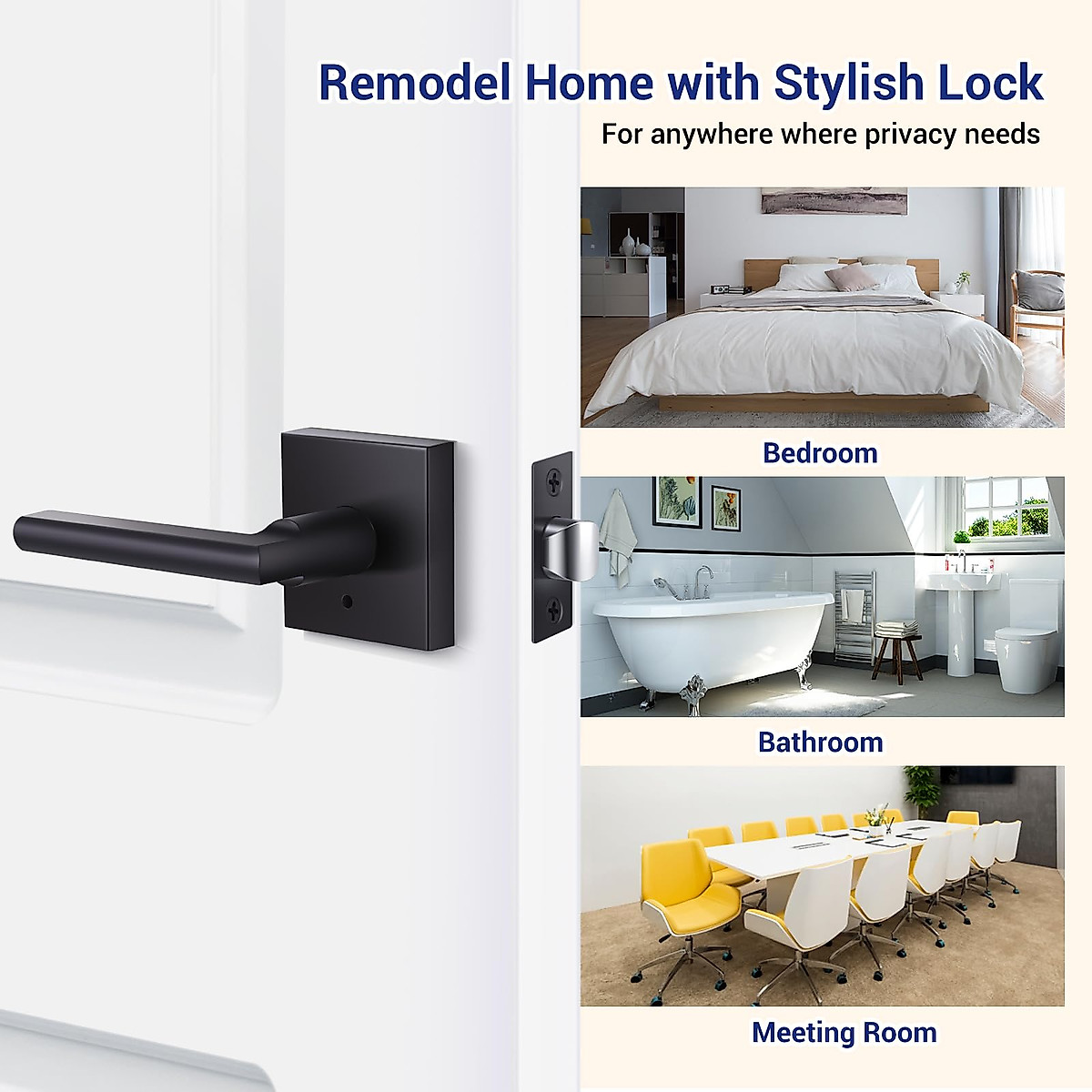 Ohuhu Black Door Handle, 6 Pack Door Knobs Interior Matte Heavy Duty Privacy Door Lever with Lock - Square Modern Passage Locking Set Contemporary Reversible Keyless for Bedroom Bathroom Satin Zinc