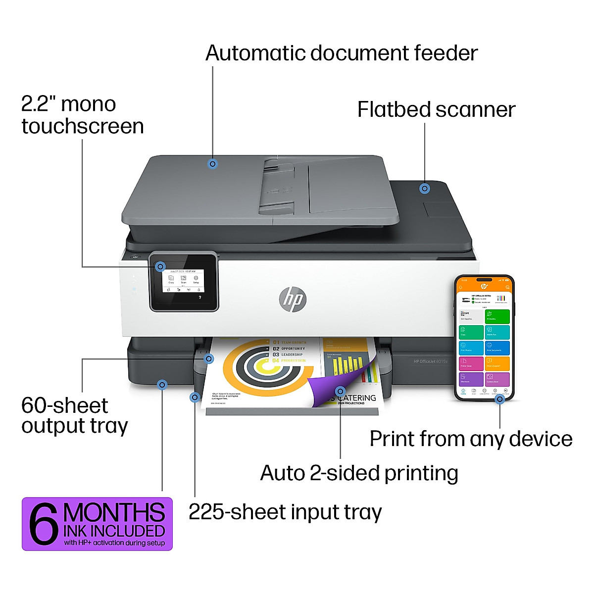 HP OfficeJet 8015e Wireless Color All-in-One Printer with 6 Months Free Ink with HP+(228F5A), White