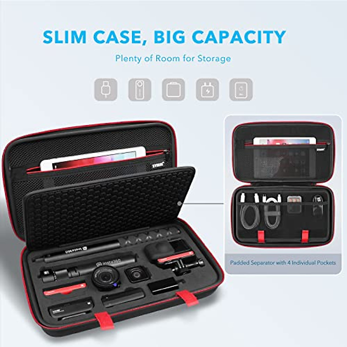 SYMIK S310-R Carrying Case for Insta360 ONE RS/R Action Camera, W/ Padded Separator; Fits Twin Edition, 4K Edition, Expert Edition, Invisible Selfie Stick, Bullet Time Handle/Tripod, Fast Charge Hub