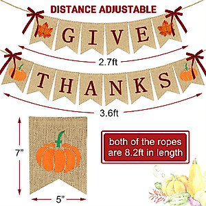 Give Thanks Burlap Banners Thanksgiving Decorations | Rustic Thanksgiving Turkey Pumpkin Burlap Garland | Thanksgiving Day Party Supplies - 2 Strings, NO DIY Fireplace Mantle Home Decoration
