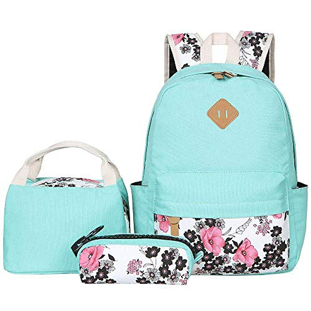 Bluboon Teens Backpack Set Canvas Girls School Backpack Lunch Box Pencil Bags Student Bookbags 3 in 1 (Water Blue-14)