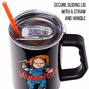 Silver Buffalo Chucky Holding Knife Wanna Play Spooky Scary Stainless Steel Tumbler with Handle and Straw, Fits in Standard Cup Holder, 40 Ounces