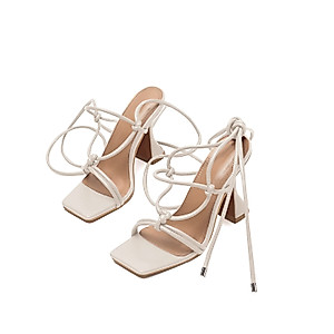 Coutgo Strappy Heels for Women, Lace Up Square Open Toe Dress Sandals, Stiletto Heeled for Summer Party