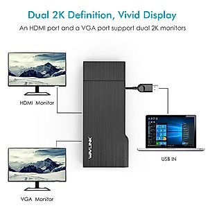 WAVLINK USB 3.0 Docking Station Dual Display HDMI | VGA with Gigabit Ethernet, USB 3.0 Port, Removable Card Reader, HDMI up to 2560x1440 and VGA 1920x1200 Support Windows and MacOS