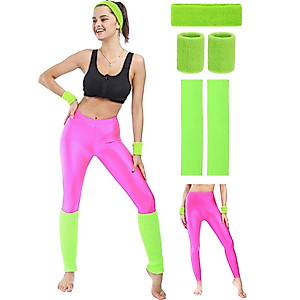 SATINIOR 80s Neon Leggings Party Retro Jogging Sports Headband Wristbands Leg Warmers (Rose Red)