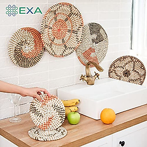 EXA Set of 6 Seagrass Wall Basket Cosmos Decor - Boho Farmhouse Rustic Room Style - for Thanksgiving Christmas Hanging Wall Art, Gift Idea, Table Settings - Handmade, Round, Natural Wicker