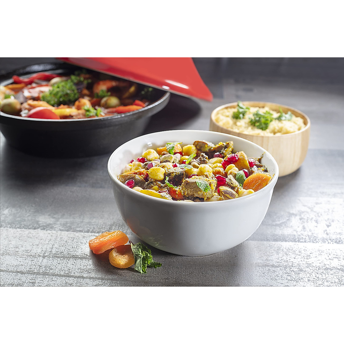 Tagine Moroccan Cast Iron 4 qt Cooker Pot with Recipe Book, Caribbean One-Pot Tajine Cooking, Enameled Ceramic Lid- 500 F Oven Safe Dish w Large Capacity, Cone Shaped Lid, Cookware Gift