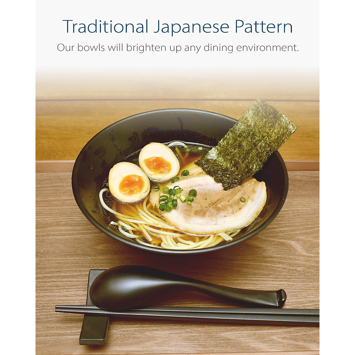 APEX S.K. 4 Sets 30 Ounce Japanese Ramen Noodle Soup Bowl Melamine Hard Plastic Dishware Ramen Bowl Set with Matching Spoon and Chopsticks for Udon Soba Pho Asian Noodles