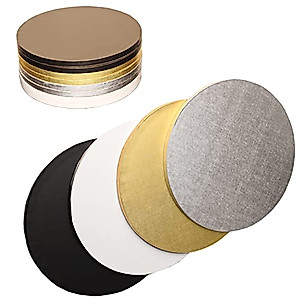 YAARA - 8 Pack 12 Inch Cake Drums in 4 Colors, Black Gold Silver & White Drums. 1/2 Inch Thick with Smooth Edge. Cake boards and its Reusable. Bases Para Pasteles