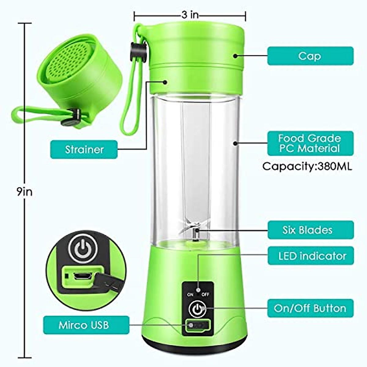 Portable Blender, 6-Blade Cutter ,Handheld Fruit Squeezer Smoothie Blende, Personal Size Blenders with USB Rechargeable Mini Fruit Juice Mixer, Mini Juicer Smoothie Blender Bottles Travel 380ML (Green)
