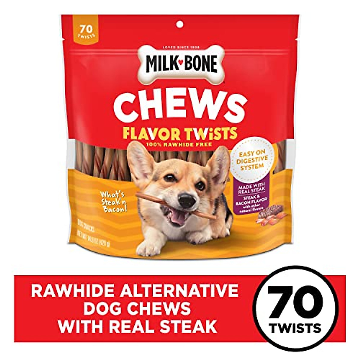 Milk-Bone What′s Steak′n Bacon Flavor Twists, Rawhide Free Dog Chews, Bag of 70