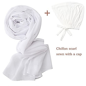 Yeieeo Women's Pre-Sewn Head Scarf Wrap Shawls Stretch Scarf Hijab Cap Chiffon Scarf with Under Caps for Hijabs (White)