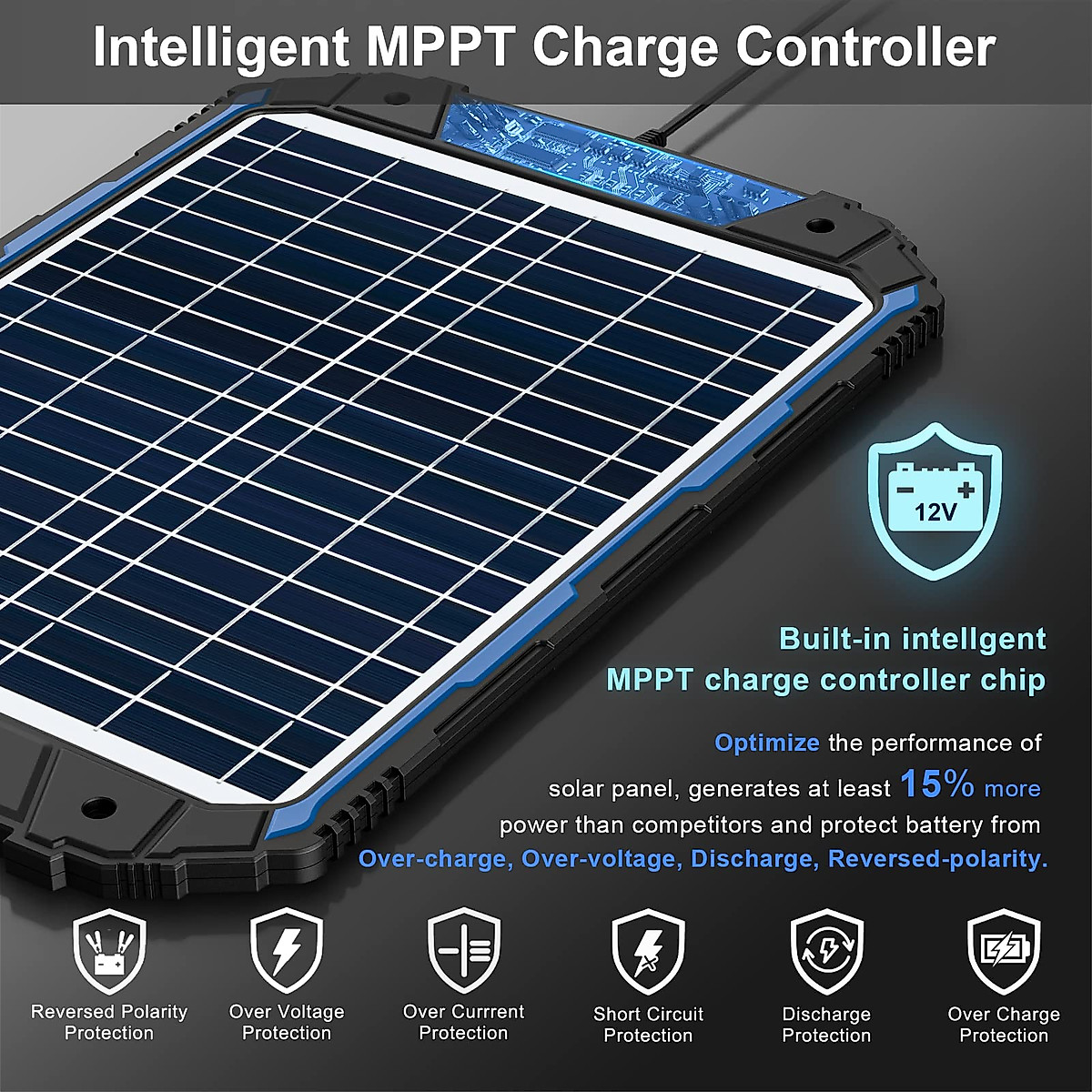 SUNER POWER 18W 12V Solar Battery Trickle Charger & Maintainer PRO, Built-in Intelligent MPPT Charge Controller, Waterproof 12 Volt Solar Panel Charging Kits for Car Auto Marine RV Trailer Boat Camper