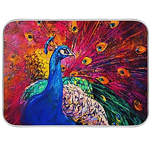 Painting Animal Beautiful Peacock Dish Drying Mat 24"x18" Absorbent Machine Washable Hanging Fast Dry Pad Dish Protective Mat for Kitchen Countertop Heat Resistant Dinner Table Mat