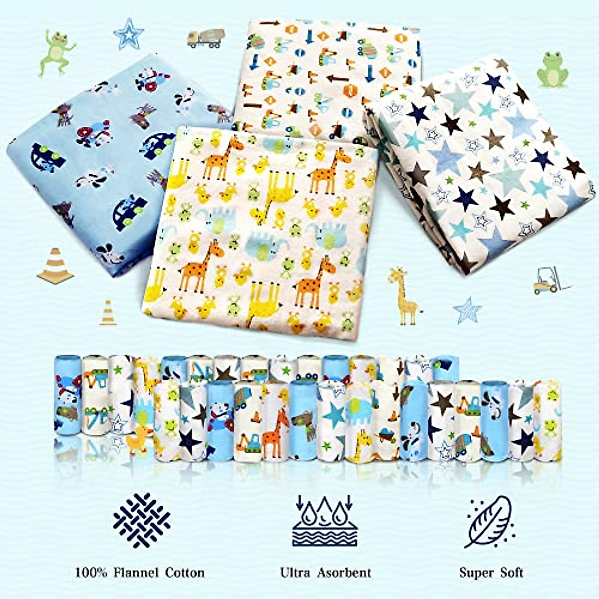 Omilion Receiving Blanket for Baby – 4 Pack – 30 inch x 30 inch – 100% Flannel Cotton - Mixed Patterned Designs – Includes Infant Washcloth 30 Pack