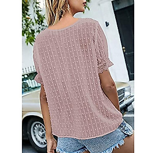 Women Lace Tunic Tops to Wear with Leggings Casual Solid Short Sleeve V-Neck Lace T-Shirt Blouse Tops Pink