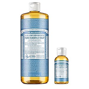 Dr. Bronner's Pure-Castile Liquid Soap – Baby Unscented Bundle. 32 oz. Bottle and 2 oz. Travel Bottle