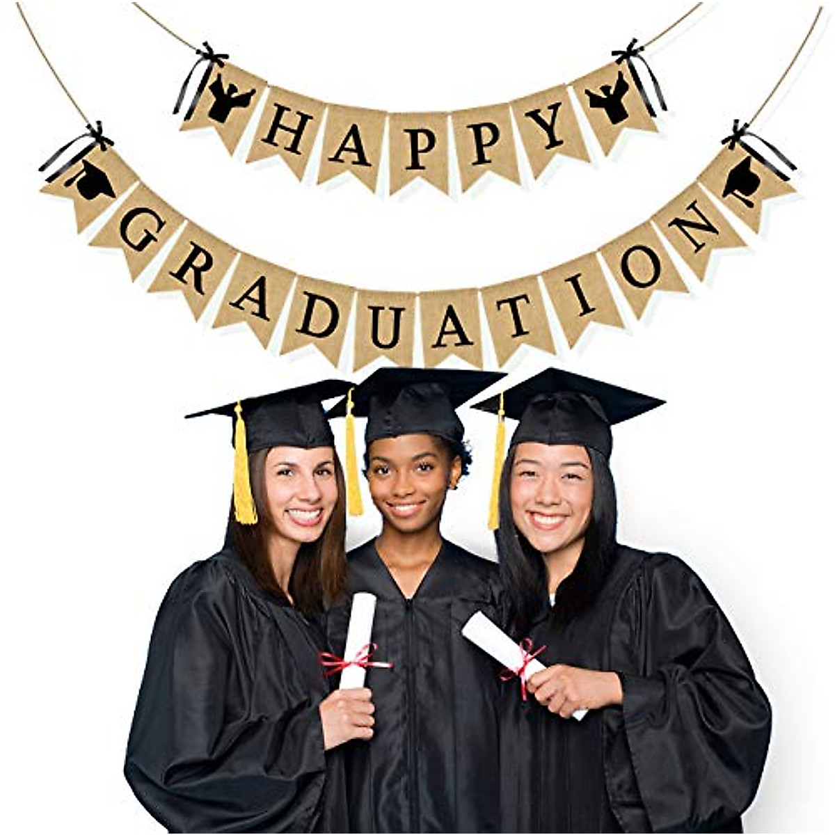 JOZON Happy Graduation Burlap Banner Jute Graduation Bunting Banner Garland 2021 Graduation Decorations Grad Party Decor for College, Senior, High School Party Supplies