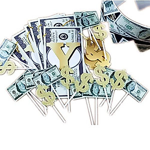 YiiiGoood Money Theme Decoration KIT Bill Dollar Signs Birthday Banner & Cupcake Toppers & Crown Set for Birthday Casino Wedding Showers Retirement Anniversary Graduations Party