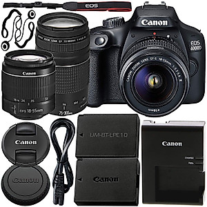 Canon EOS 4000D DSLR Camera with EF-S 18-55mm III Lens & EF 75-300mm III Lens Basic Bundle - Includes: Extended Life LPE10 Replacement Battery (1600mAh) & 2X Universal Lens Cap Keeper