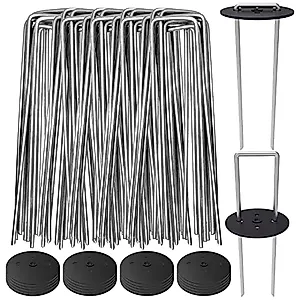 AAGUT 100 Pack Landscape Staples with Gasket Washer Caps, 6 Inch Vapor Barrier Stakes, Metal Garden Stakes Landscape Fabric Staples for Gardening Landscaping, Sod Fence Yard Lawn Ground Weed Mat Pins