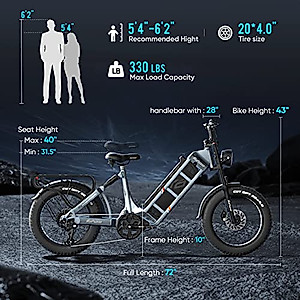 eAhora Juliet [2024 Upgraded] Electric Bike for Adults Peak 1200W Ebike 48V 60Ah 100-200Miles Long Range E-bike 20" Fat Tires Full Suspension Electric Bicycle Juliet Blue-Gray