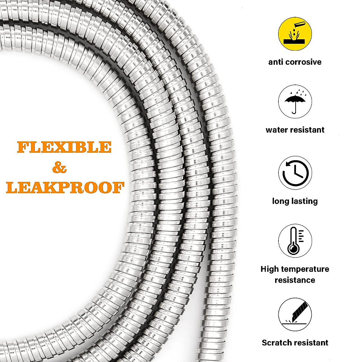 Metal Shower Hose Replacement，96 inch Extra Long Chrome Handheld Shower Head Hose - Lightweight And Flexible