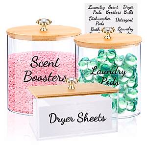 JYPS 3 Pack Containers for Laundry Room Organization and Storage with Lids and Labels, Acrylic Dryer Sheet Holder & Plastic Laundry Pods Container for Laundry Detergent, Powder, Scent Booster