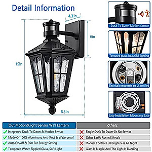 XANGQAN Outdoor Wall Light Fixture with Motion Sensor and Dusk-to-Dawn Sensor, Waterproof and Anti-Rust Aluminum Exterior Sconce with Tempered Water Ripple Glass, for House Garage and Porch.