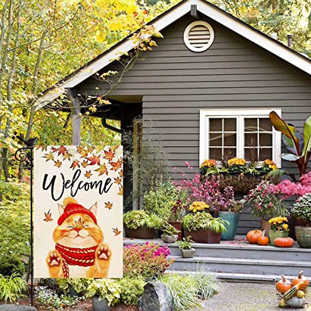 ORTIGIA Welcome Fall Cat Garden Flag Blurap Vertical Double Sided 12x18inch Autumn Maple Leaf Garden Flag for Outside Fall Thanksgiving Farmhouse Seasonal Holiday Yard Décor