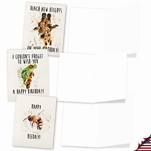 The Best Card Company - 10 Blank Happy Birthday Note Cards - Assorted Bulk Cute Humorous Animal Pun Birthday Greeting Cards Boxed Set (4 x 5.12 Inch) - Wildlife Expressions M2954BDB