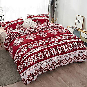 LAMEJOR Christmas Duvet Cover Set King Size Snowflake Pattern Holiday Bedding Set Comforter Cover(1 Duvet Cover+2 Pillowcases) Red