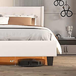 BONSOIR Bed Frame Upholstered Traditional Low Profile Platform with Wing Back Headboard/No Box Spring Needed/No Bed Skirt Needed/Linen Fabric Upholstery/Sand (Cream, Queen Size)