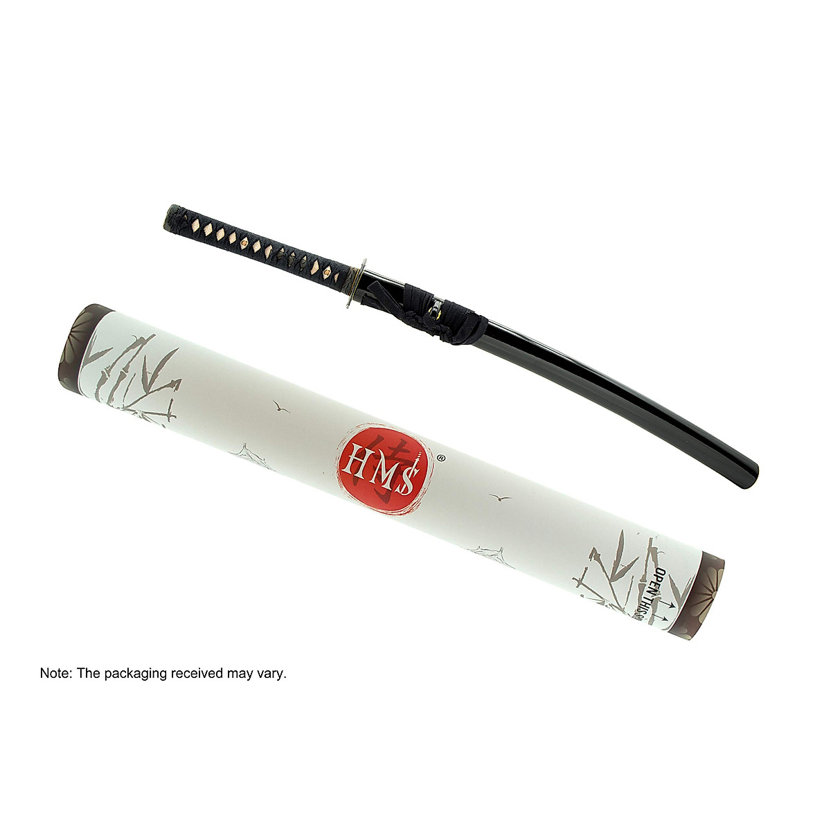 HMS Unsharpened Iaido Training Wakizashi Sword, Stainless Steel, Full Tang, Samurai Bamboo Tsuba, Black Scabbard