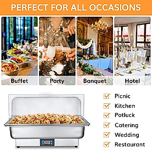 Electric Chafing Dish 9 QT Adjustable 0°C~100°C Roll Top Full Size Auto ShutOff Stainless Steel Buffet Servers and Warmers, Temp Display Programmable Food Warmer Transparent Lid Chafers for Catering