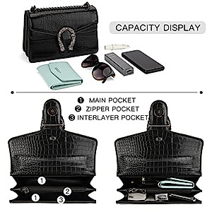 GLOD JORLEE Women's Fashion Chain Purse Crossbody Shoulder Bags -Classic Stone Crocodile Pattern Leather Square Flap Handbag (Black)