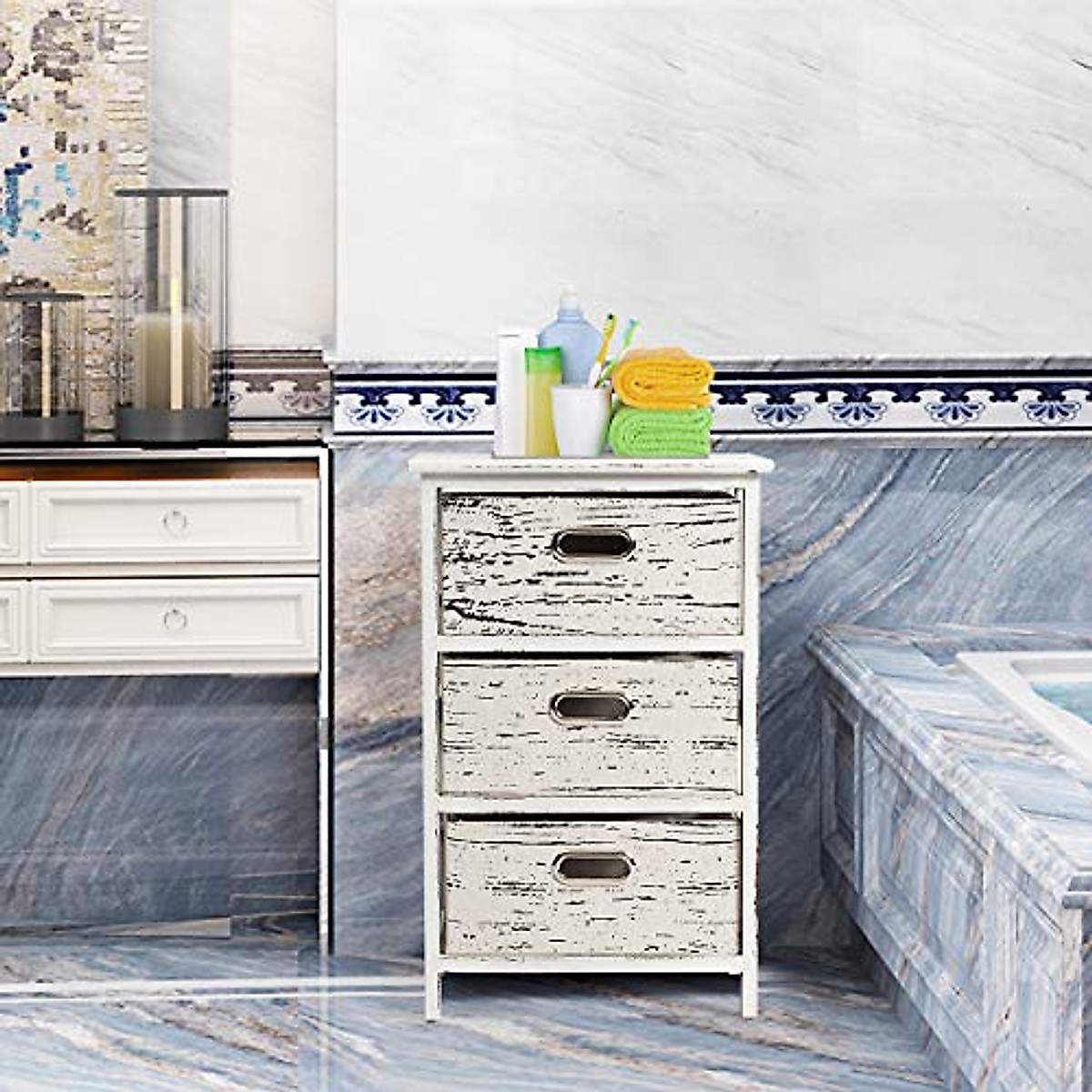 Giantex Storage Drawer Units W/ 3 Fabrics Storage Drawers and Wood Frame, Multiple Dresser Cabinet Chest Organizer Bins for Living Room, Bedroom Sofa Side End Table Vertical Dresser Storage Tower (1)