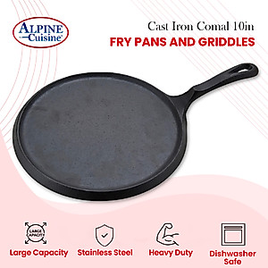 Alpine Cuisine Round Comal Cast Iron 10 Inch Seasoned Coating Black with Durable Single Handle – Comfortable Comal For Cooking, Even Heating & Versatile Kitchen Cookware Color Sleeve Bag Packing