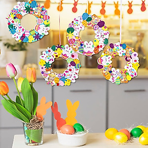 Whaline 12 Sets Easter Foam Stickers Easter Wreath Signs with 400Pcs Cute Bunny Egg Stickers, Rhinestone Sticker, 100Pcs Pom Balls and Yellow Ribbons DIY Foam Wreath Signs for Easter Holiday Party Art