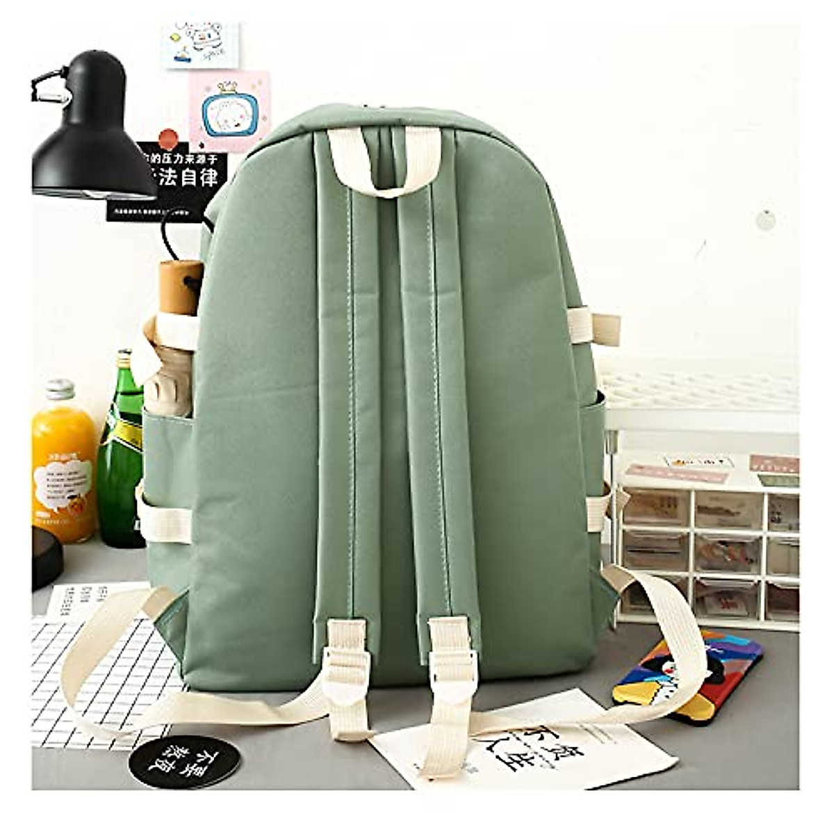 Cute Kawaii Backpack 4Pcs Canvas Backpack Give away bear pendant Pencil Pouch Shoulder Bag Lunch Bag for Girls Boys (one size, Green)