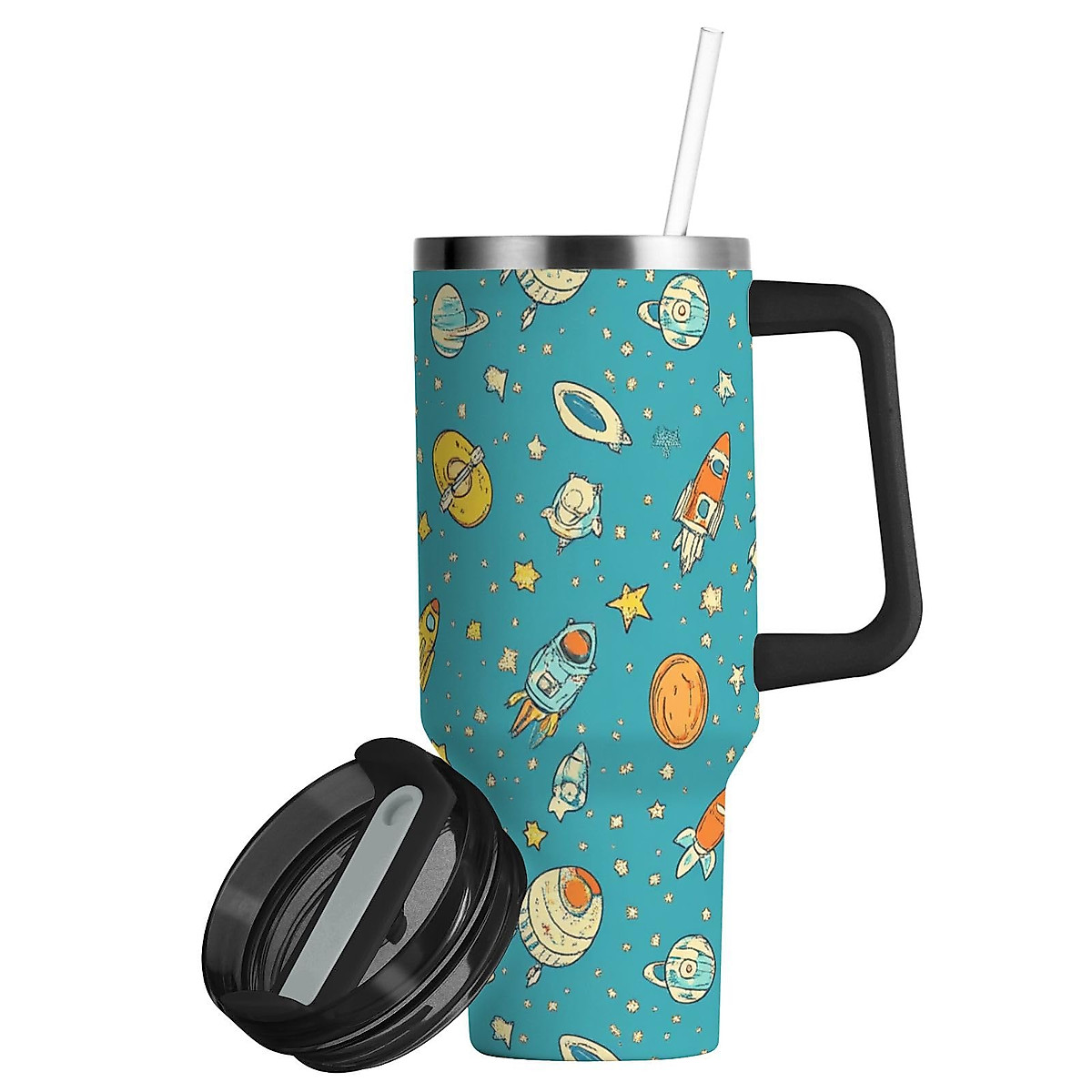 Selerdon 40 oz Tumbler Cartoon Space Blue with Handle and Straw Lid Vacuum Stainless Steel Insulated Water Bottle Travel Mug Car Cup Holder Friendly BPA Free for Gym Travel Office
