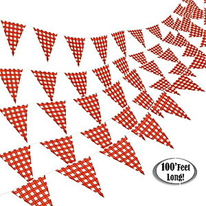 Red Checkered Banner 100’ Feet Long | Gingham Pennant Flags | Red and White Checkered Pennant Banner | Carnival, Picnic, Party Red Checkered Flags | By Anapoliz