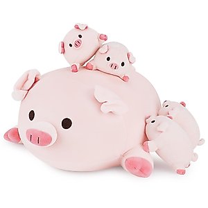 Achwishap 5PCS Pig Family,Pig Stuffed Animal Mommy with 4 Pig Babies Plush,Cute Pig Plush Pillow Cushion Doll,Kawaii Pig Plush Toy Hugging Pillow for Kids Adult(16” Pig Family)